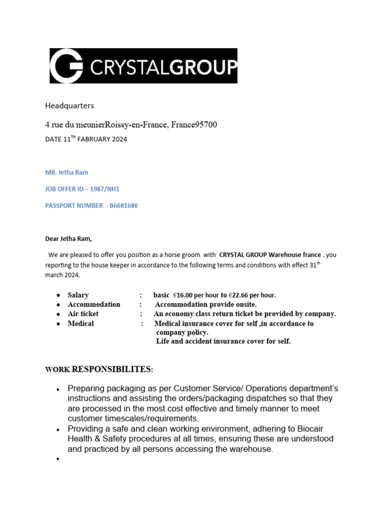 JOB OFFER LATTER JETHARam | PDF | Housekeeping