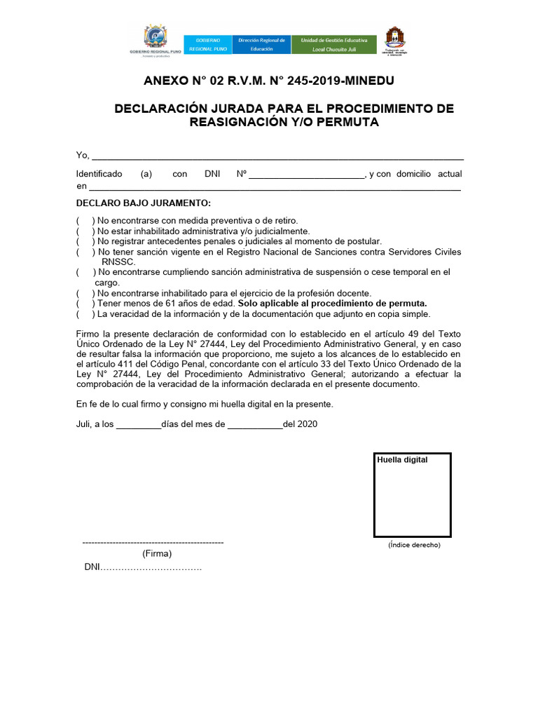 DECLARACION JURADA ANEXO No 02 | PDF