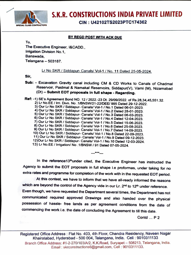 Siddapur Canal EOT Letter | PDF | Earth Sciences | Water And The Environment