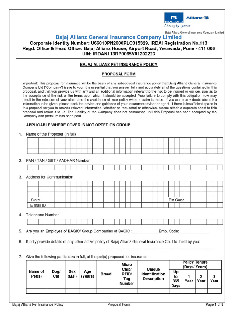 Bajaj Allianz Pet Insurance Proposal Form | PDF | Insurance | Sole ...