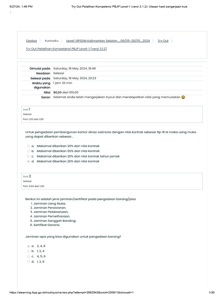 Try Out Pelatihan Kompetensi PBJP Level-1 (Versi 3.1.2) - Ulasan Hasil Pengerjaan Kuis | PDF