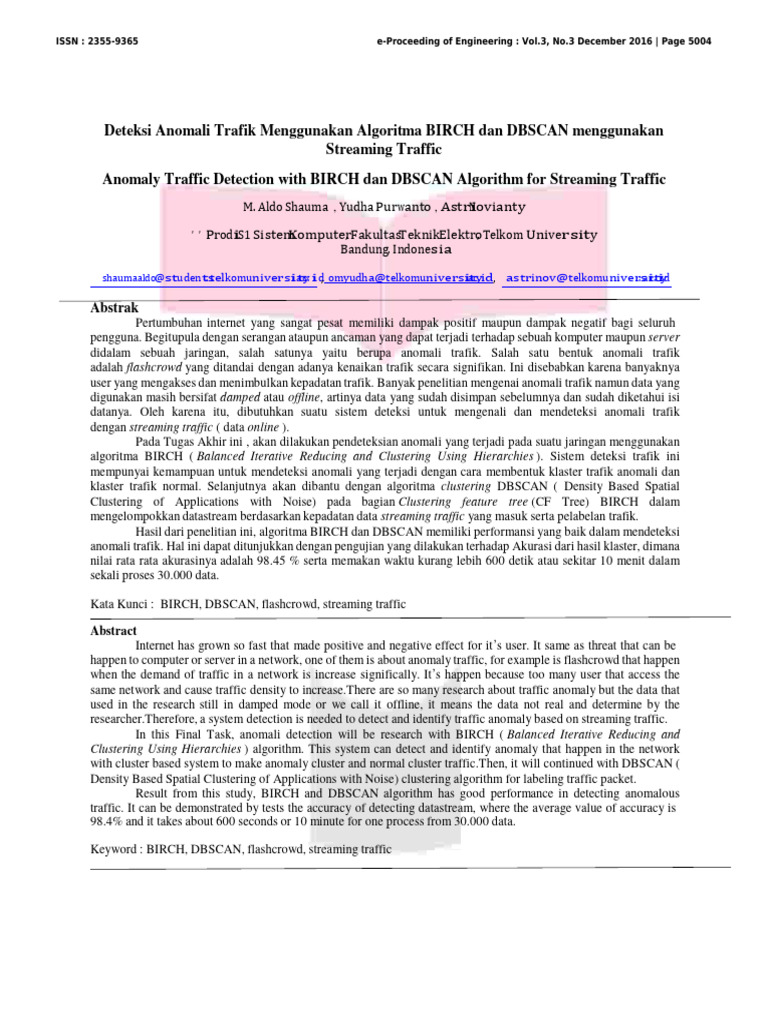 Deteksi Anomali Trafik Menggunakan Algoritma BIRCH Dan DBSCAN Menggunakan | PDF | Teknologi ...