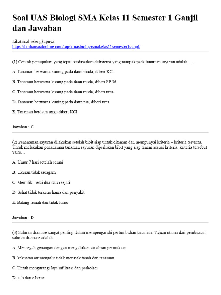 Soal UAS Biologi SMA Kelas 11 Semester 1 Ganjil Dan Jawaban | PDF