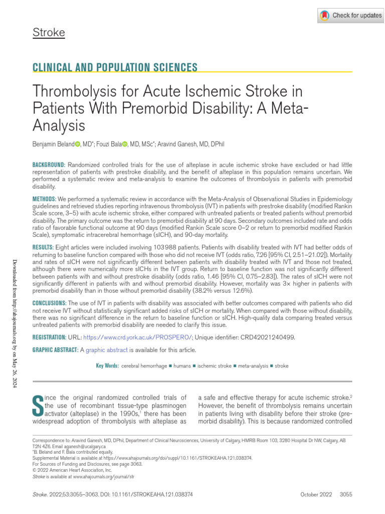 Thrombolysis For Acute Ischemic Stroke in Patients With Premorbid ...