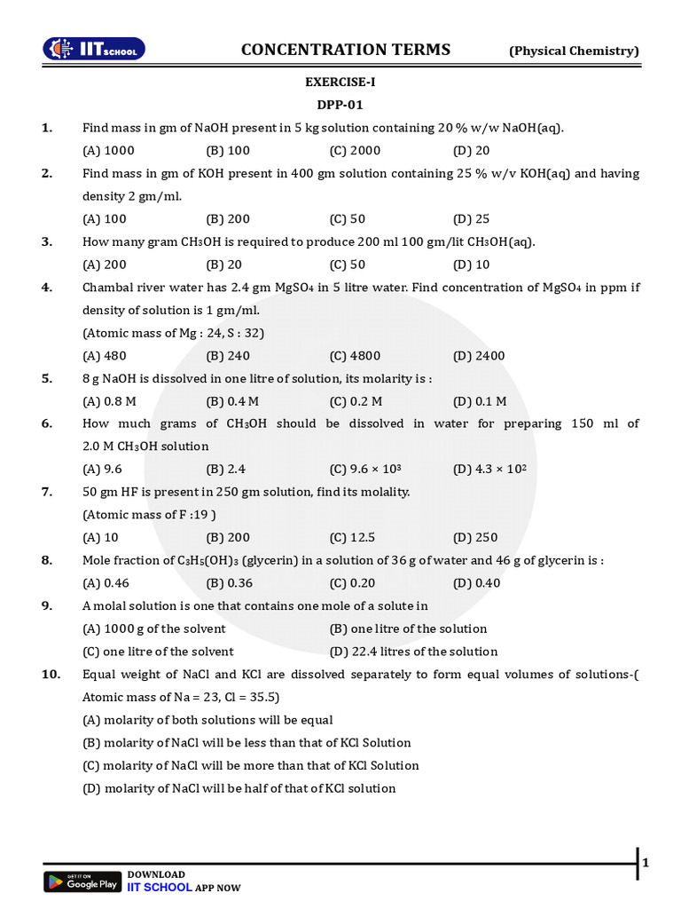 Sheet - 01 (Exercise-1) - Concentration Terms | PDF | Mass Concentration (Chemistry) | Molar ...