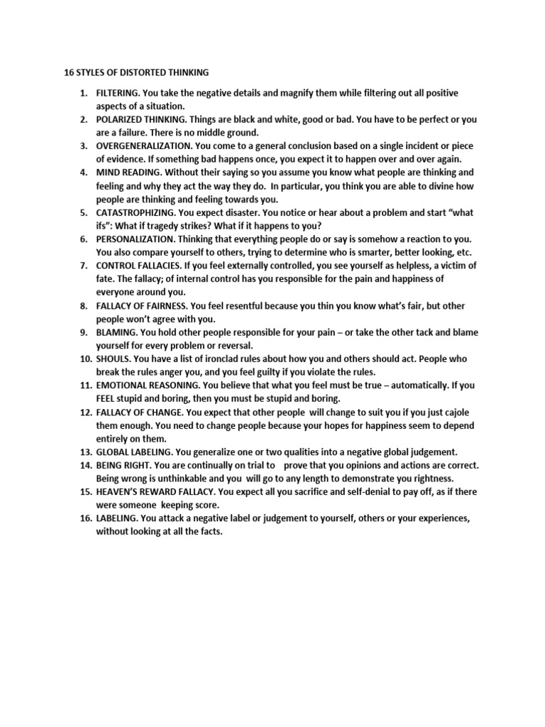 16 Styles Of Distorted Thinking Pdf Psychology Psychological Concepts