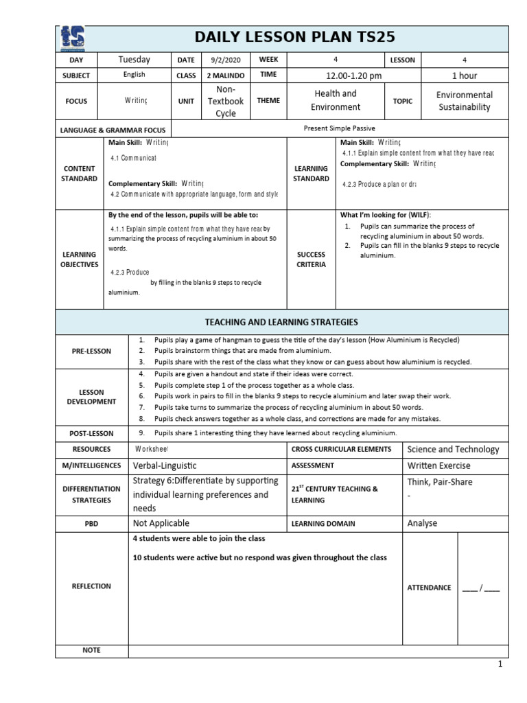 Form 2 Lesson 4 Writing | PDF | Learning | Lesson Plan