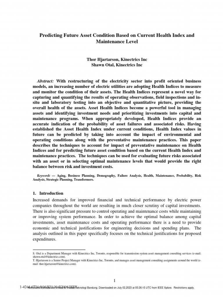 Predicting Future Asset Condition Based On Current Health Index and Maintenance Level | PDF ...