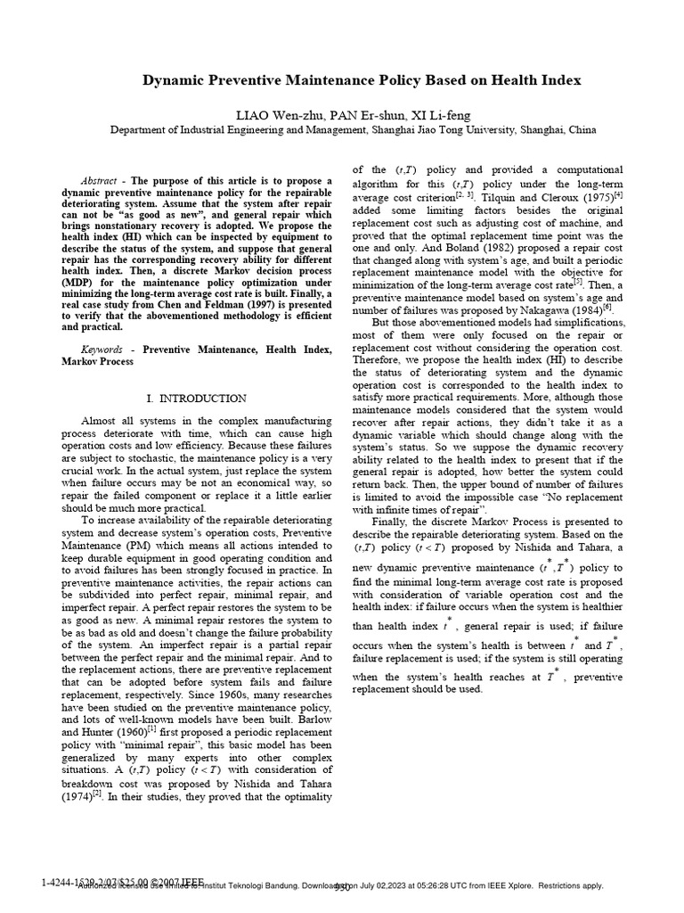 Dynamic Preventive Maintenance Policy Based On Health Index Download Free Pdf System