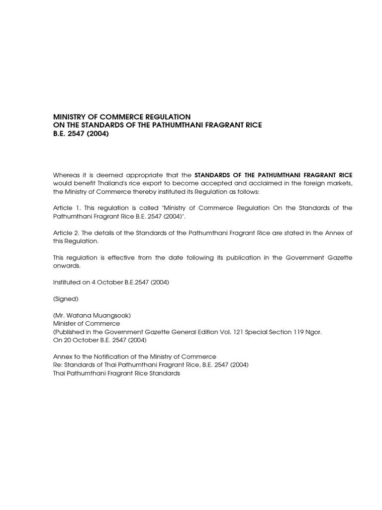 XTERNAL REFERENCE - BE 2547 - 2004 - Pathumthani Fragrant Rice Standards - English Translation ...