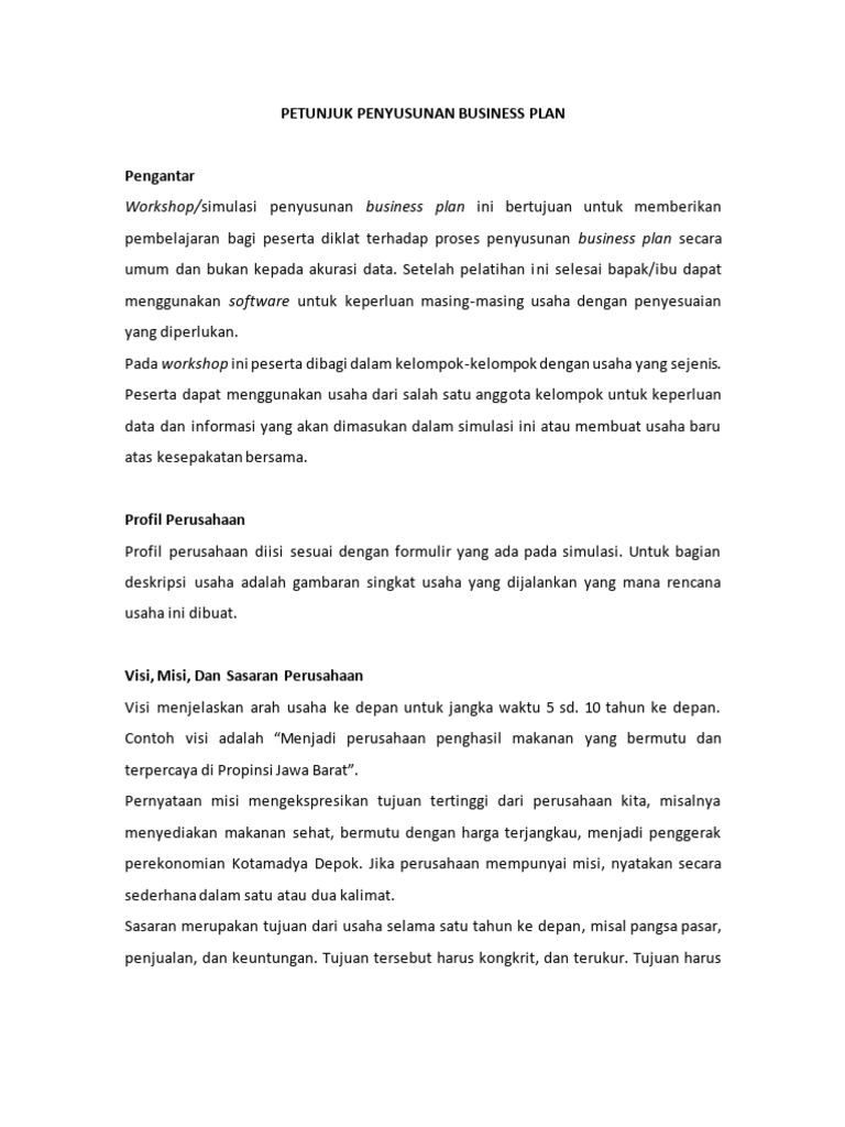 Petunjuk Penyusunan Business Plan | PDF | Bisnis | Pengelolaan Keuangan & Uang