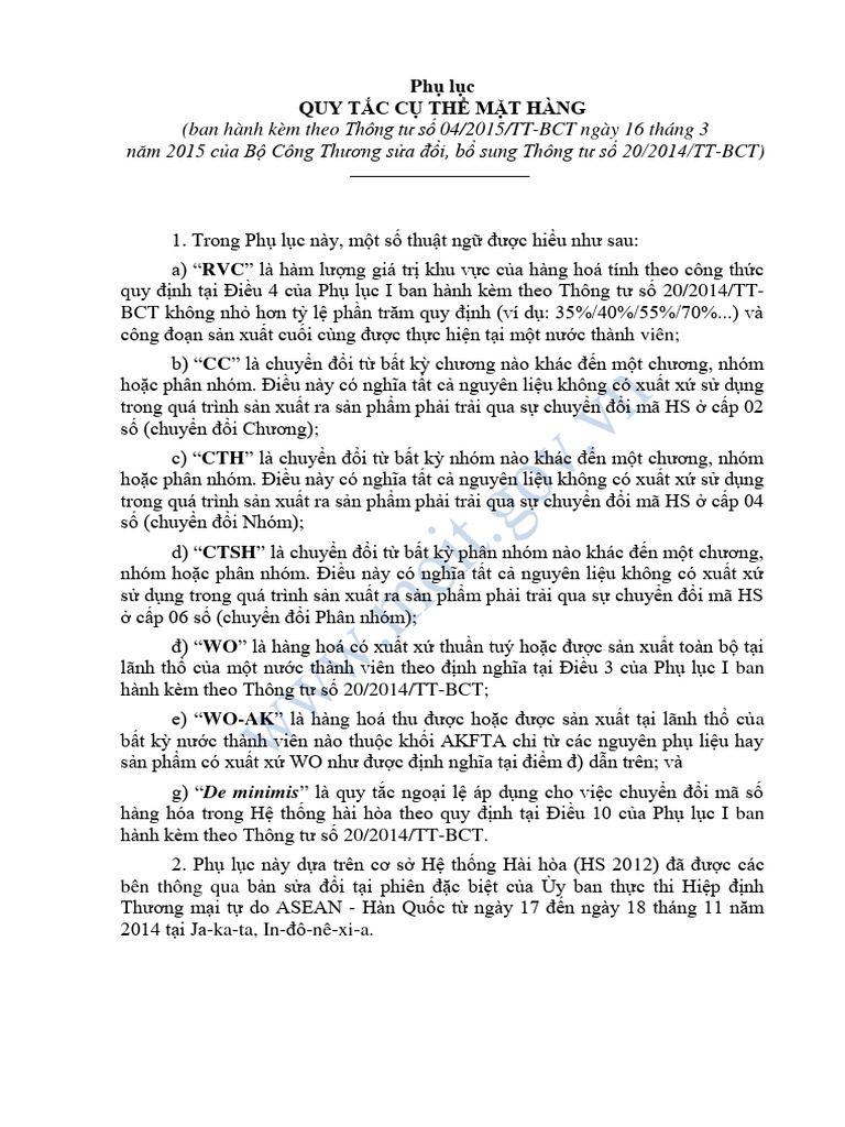 Phu Luc PSR (HS2012) - TT04-2015-BCT Sua Doi TT20 AK (Final) | PDF