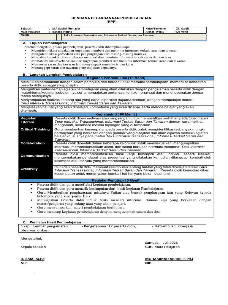 RPP Kelas Xi Sem 1 Dan 2 | PDF