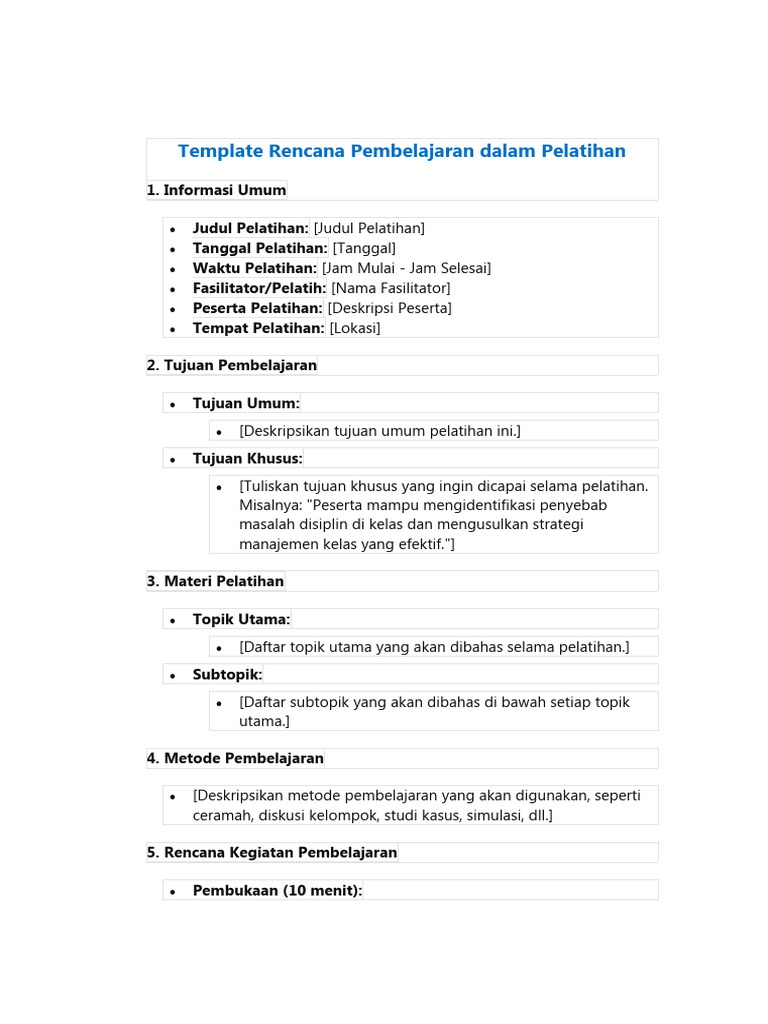 Template Rencana Pembelajaran Pelatihan | PDF
