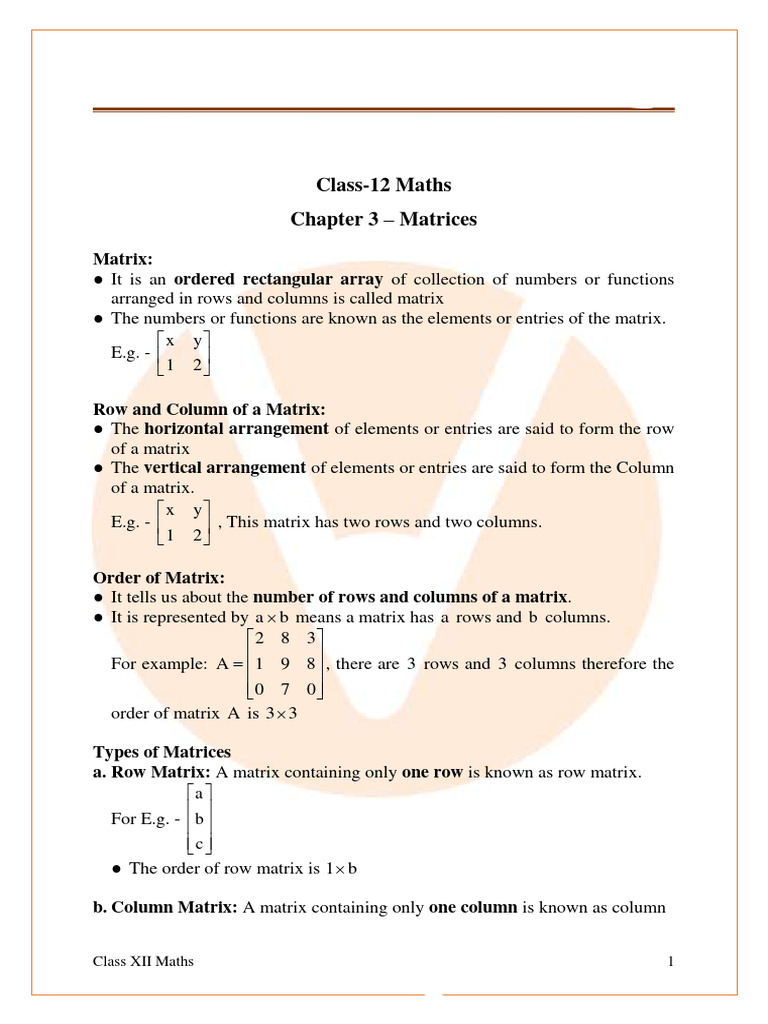 Matrices Class 12 Notes CBSE Maths Chapter 3 [PDF] | PDF | Matrix ...