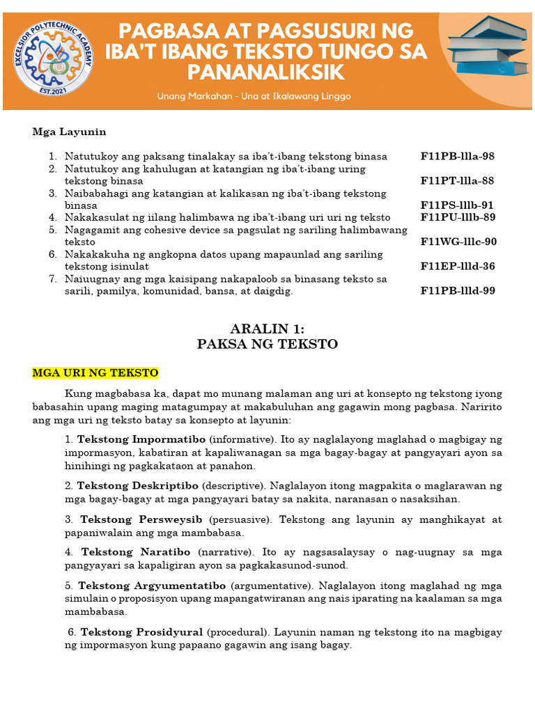 Pagbasa_Q1_Summary_W1-2 | PDF