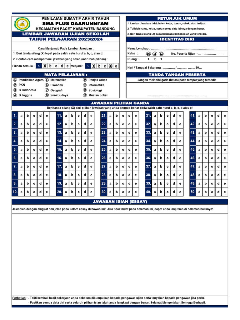 Lembar Jawaban SMA | PDF