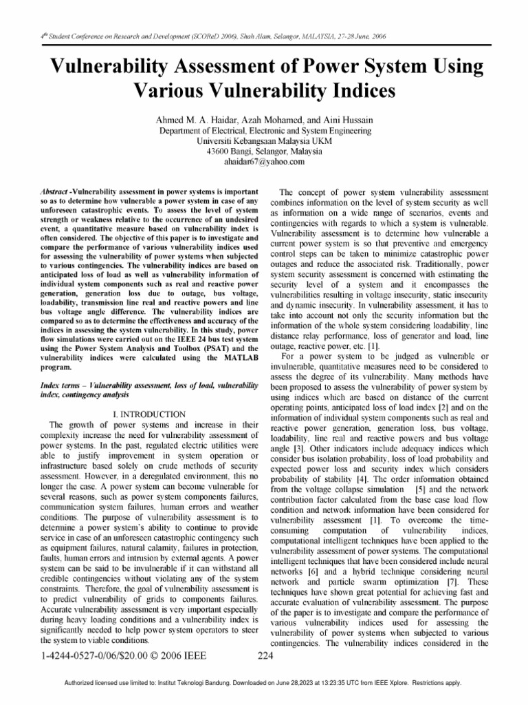 Vulnerability Assessment of Power System Using Various Vulnerability Indices | PDF ...