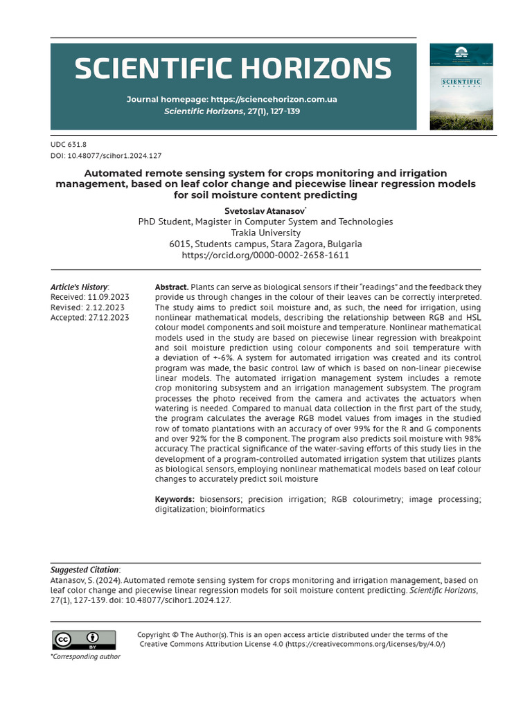 1 Automated Remote Sensing System For Crops Monitoring And Irrigation Pdf Regression
