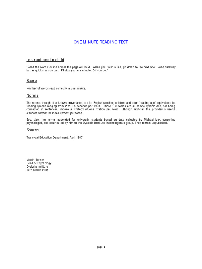 One Minute Reading Test for Dyslexic Pupils | PDF | Dyslexia