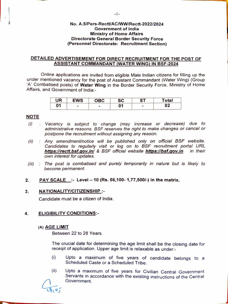 Assistant Commandant (Water Wing) (Group A' Combatised Posts) of Water ...