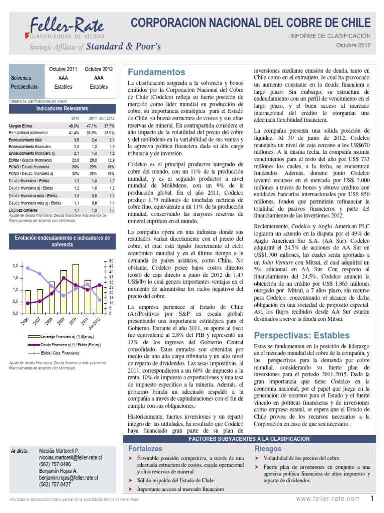 Informe Clasificacionfeller Rate Codelco 2012 | PDF | Cobre | Minería