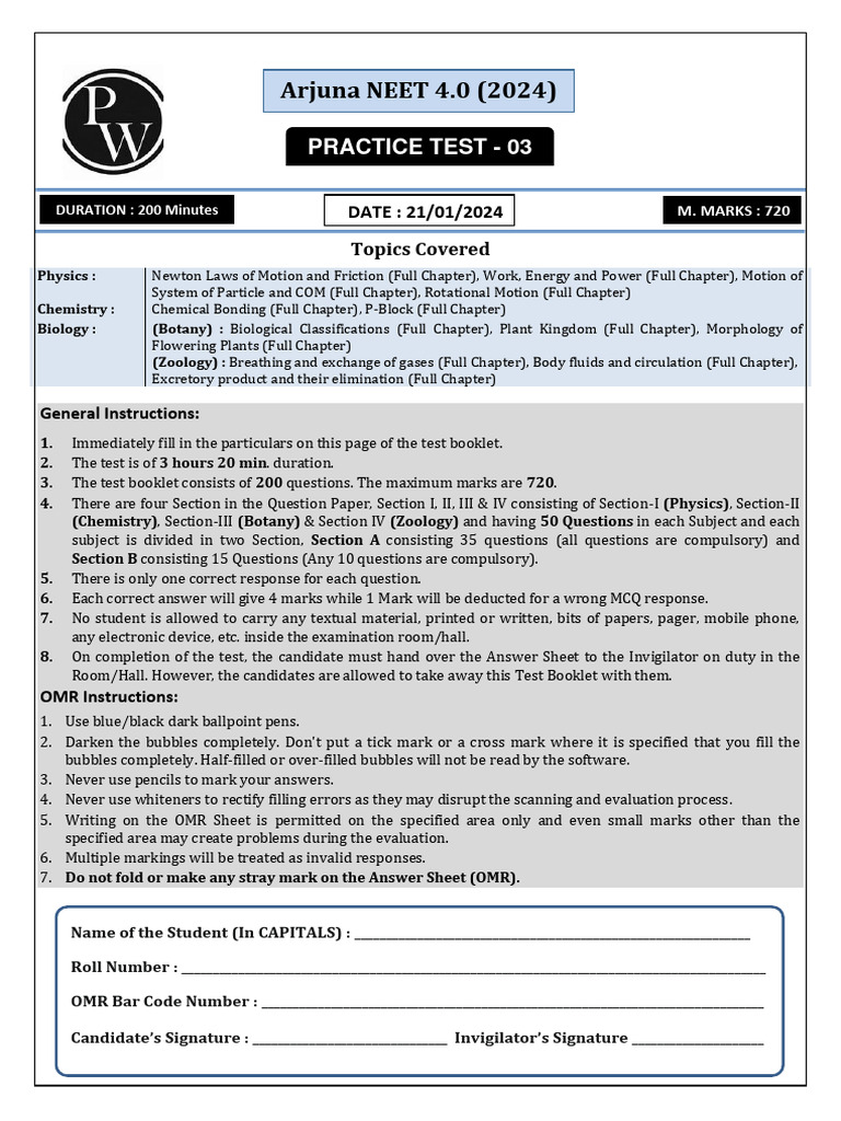 Practice Test 03 _ Test Paper __ Arjuna NEET 4.0 2024 | Download Free ...