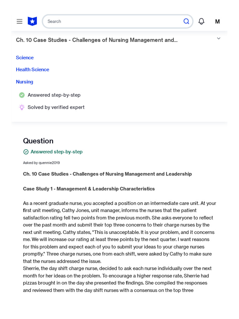 Ch. 10 Case Studies - Challenges of Nursing Management And.. | PDF | Leadership | Nursing