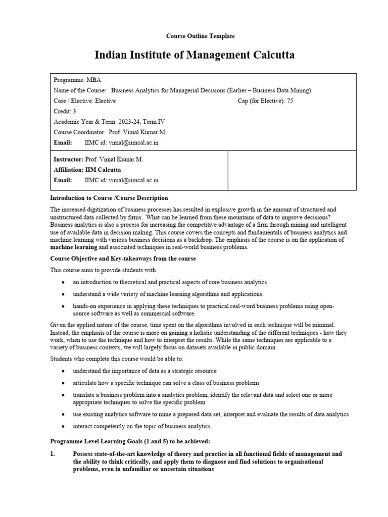 MI 254 BAMD Course Outline 2024 25 | PDF | Analytics | Machine Learning