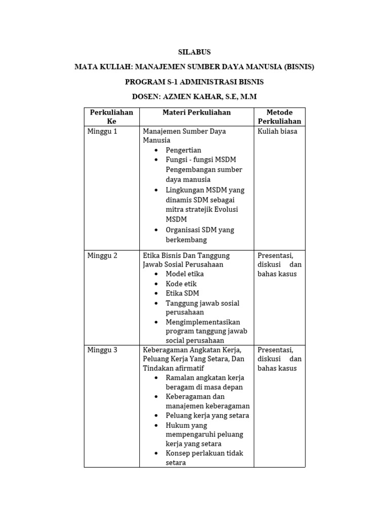 SILABUS MSDM Bisnis | PDF