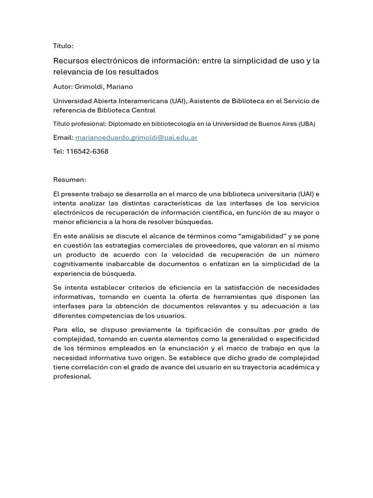 Recursos Electrónicos de Información Entre La Simplicidad de Uso y La ...