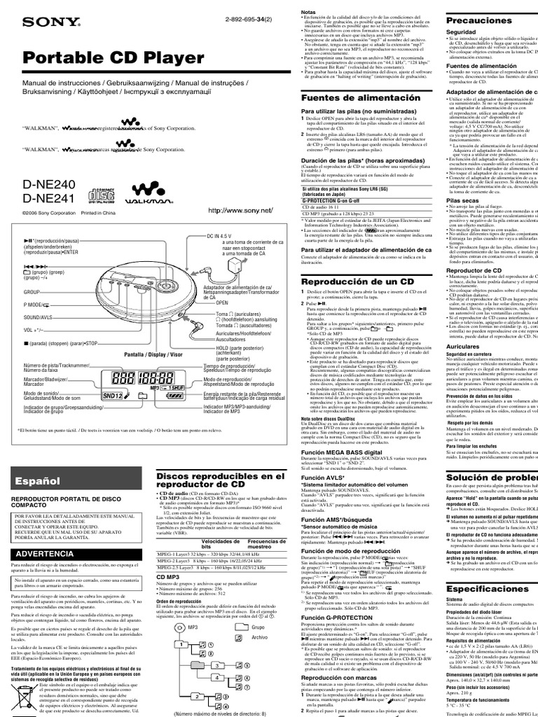 Manual de Usuario Sony D-NE241 (Español - 2 Páginas) | PDF | Disco compacto | Mp3
