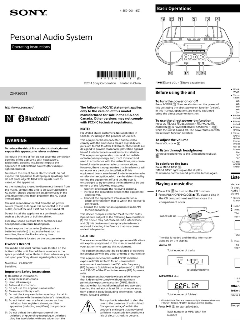 Manual de usuario Sony ZS-RS60BT (2 páginas) | PDF | Ac Power Plugs And ...