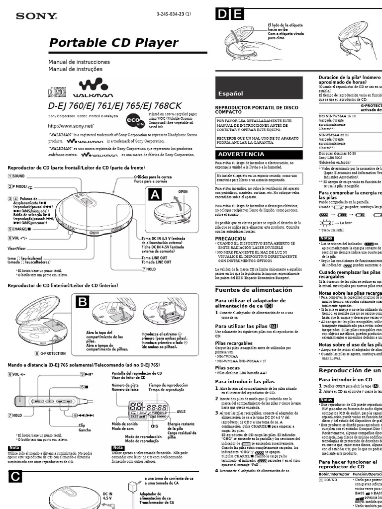Manual de Usuario Sony D-EJ760 (Español - 2 Páginas) | PDF | Disco compacto | Sony