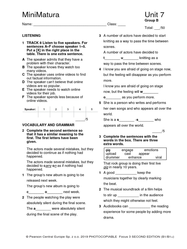 Focus3 2E MiniMatura Unit7 GroupB 2kol 2 | PDF