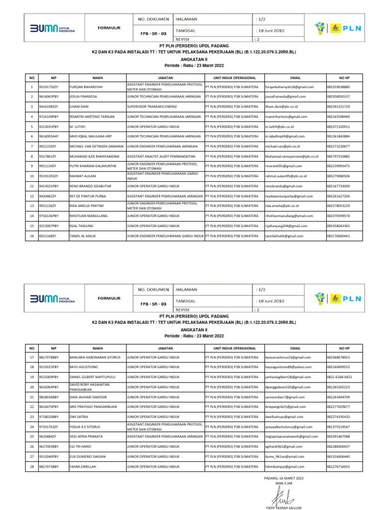 PT PLN P3B Sumatera Employee List | PDF