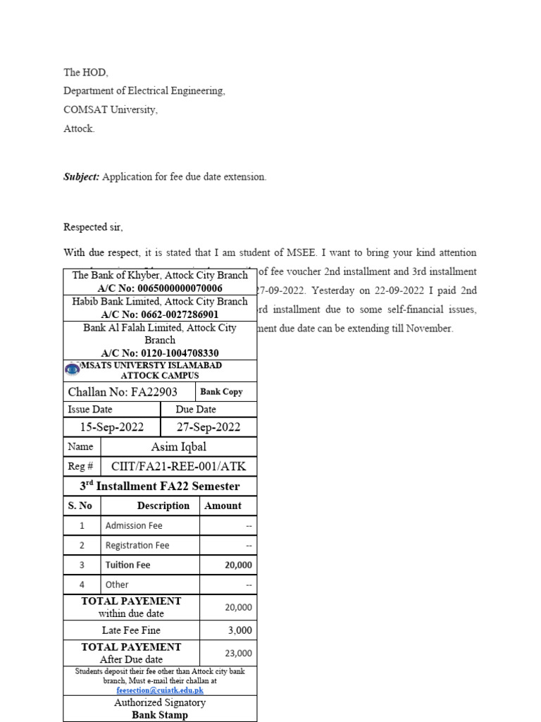 Asim Application For Fee Due Date Extention | PDF | Service Industries | Business