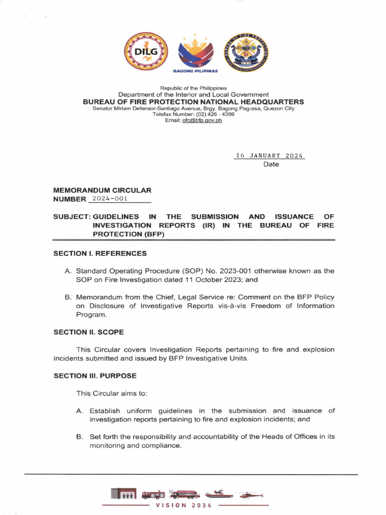 MC 2024 001 Guidelines in The Submission and Issuance of Investigation Reports Ir in The BFP ...