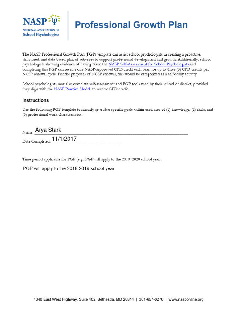 NASP Professional Growth Plan Sample | PDF | School Psychology | Goal