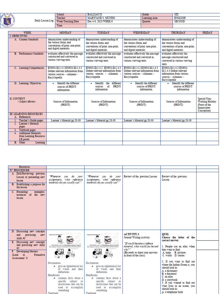 Dll-Gr6-English-Wk 6-Q2 | PDF | Information | Learning