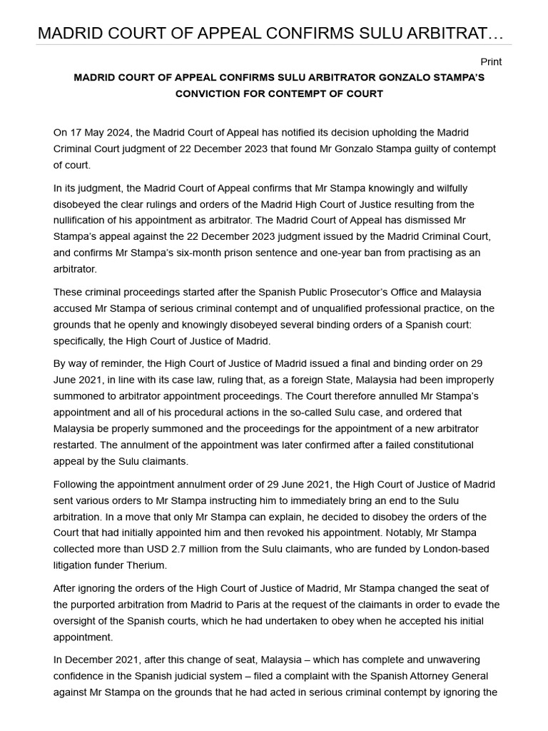 MADRID COURT OF APPEAL CONFIRMS SULU ARBITRATOR GONZALO STAMPA'S ...