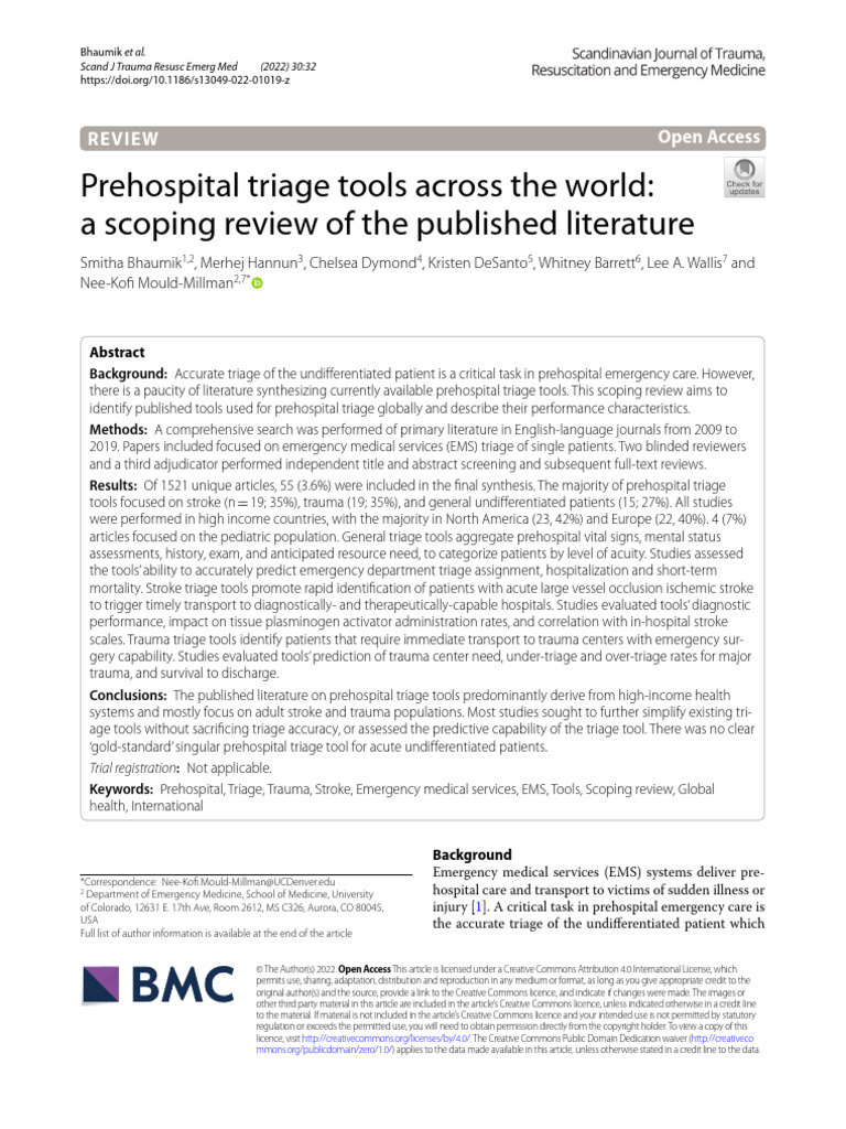 Prehospital Triage Tools Across The World: A Scoping Review of The ...