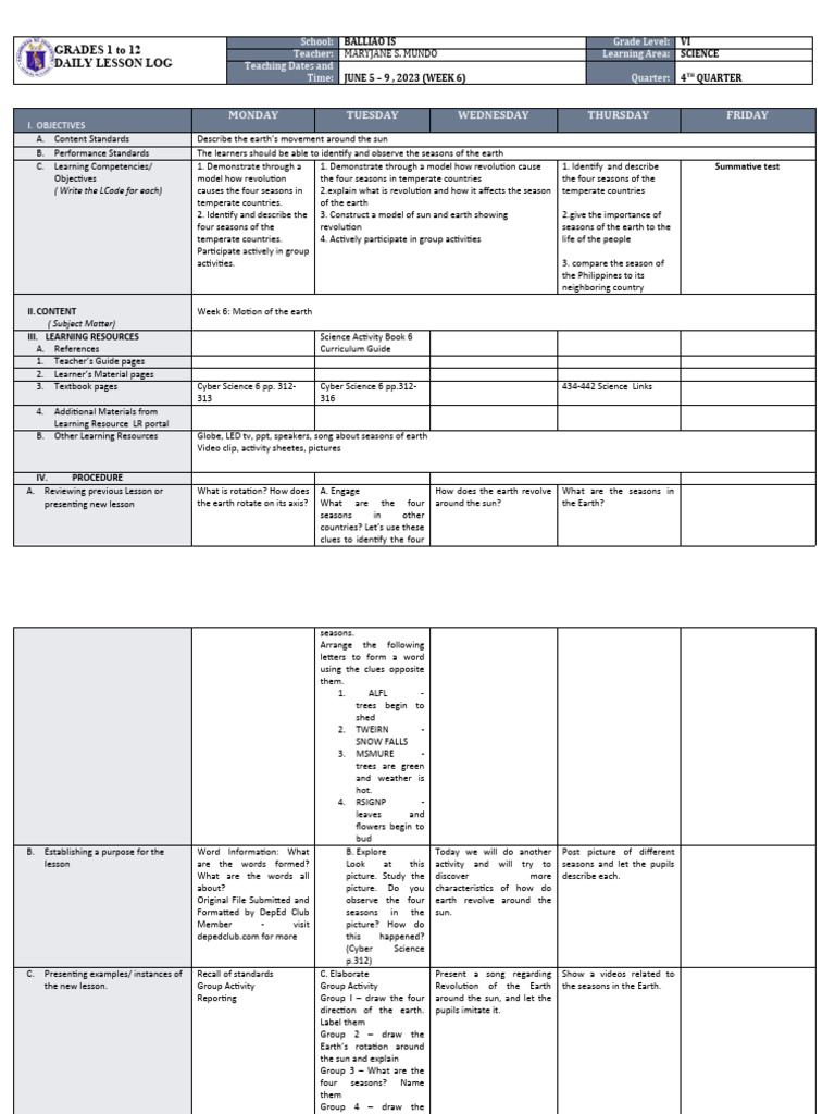 DLL_SCIENCE 6_Q4_W6 | PDF | Rotation | Earth