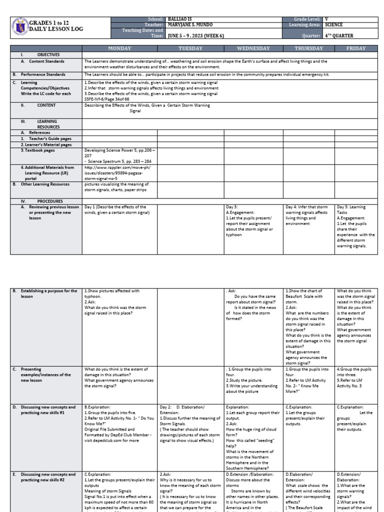 DLL - Science 5 - Q4 - W6 | PDF | Tropical Cyclones | Wound