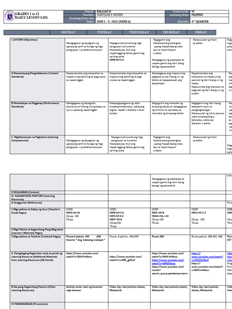 DLL Filipino 6 q4 w6 | PDF