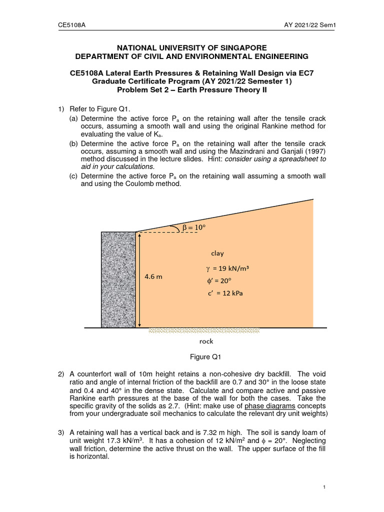 CE5108A Problem Set 2 - Earth Pressure Theory II | PDF | Civil Engineering | Applied And ...