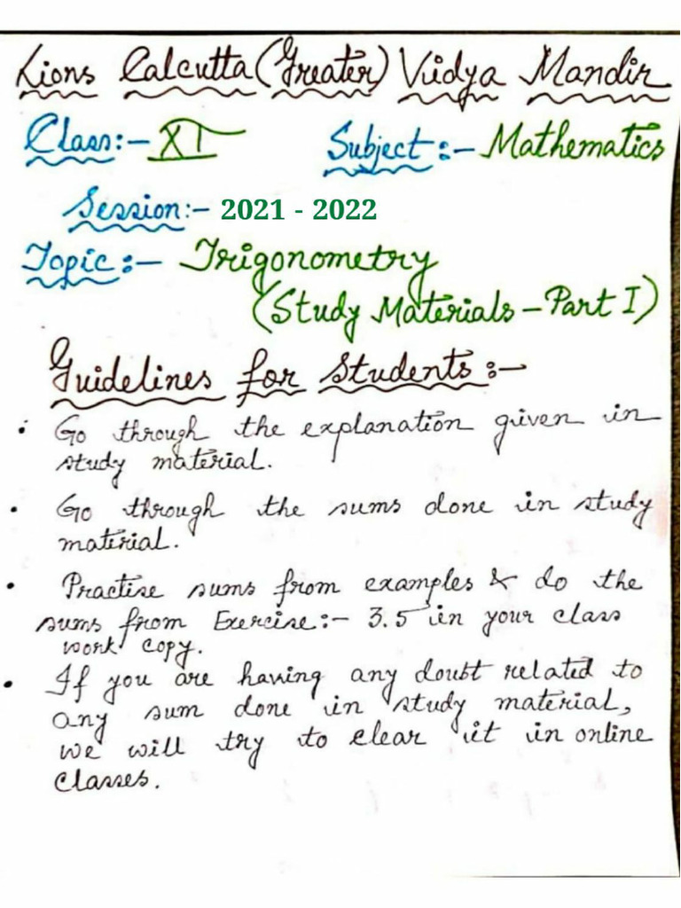 Class - 11 Maths Study Materials (Trigo - Part I) For 4th June | PDF