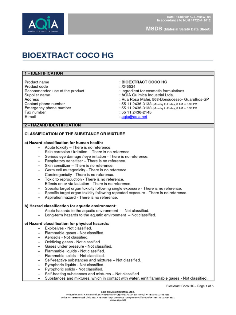 Bioextract Coco HG - Msds | PDF | Toxicity | Dangerous Goods