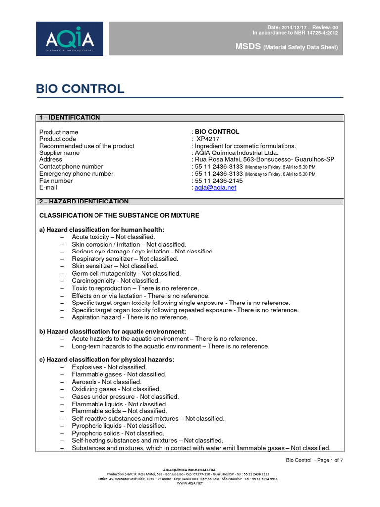 Bio Control_msds_aqia | Download Free PDF | Toxicity | Dangerous Goods