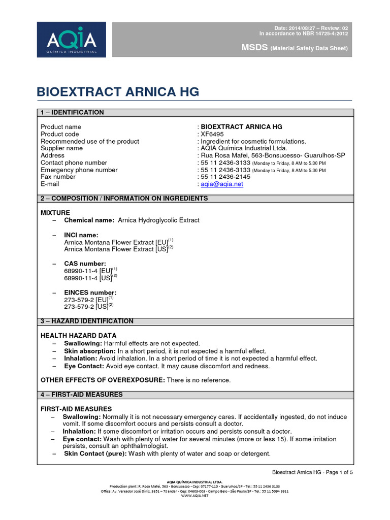 Bioextract Arnica HG_msds export | PDF | Waste Management | Dangerous Goods
